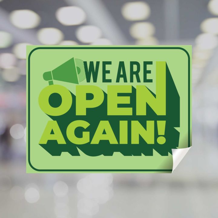 Green "We Are Open Again!" Window Decal | Plum Grove