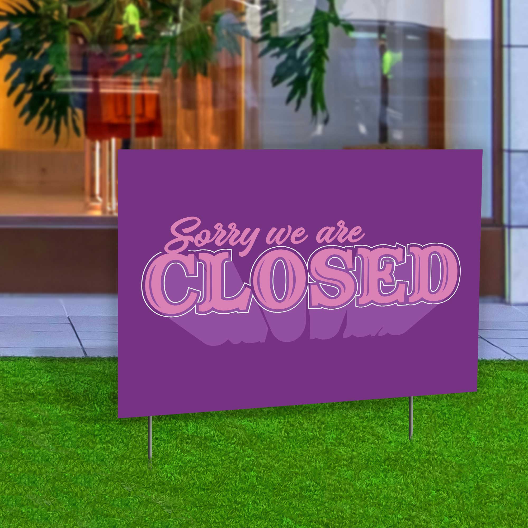 Purple "Sorry, We Are Closed" Double-sided Yard Sign, 23x17-in | Plum Grove