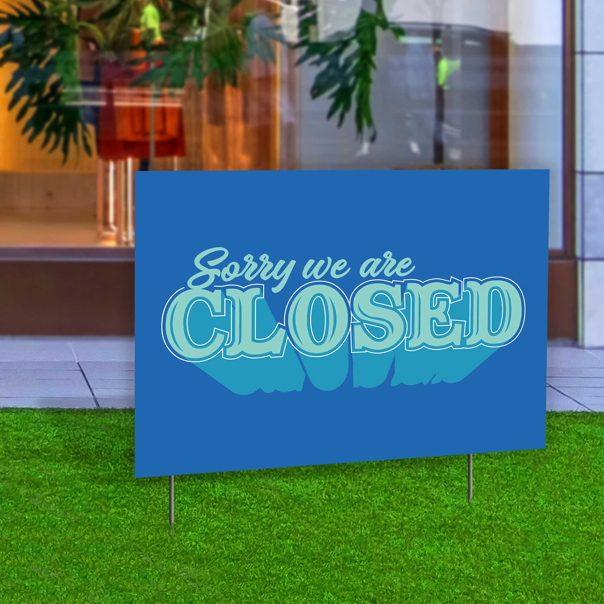 Blue "Sorry, We Are Closed" Double-sided Yard Sign, 23x17-in | Plum Grove