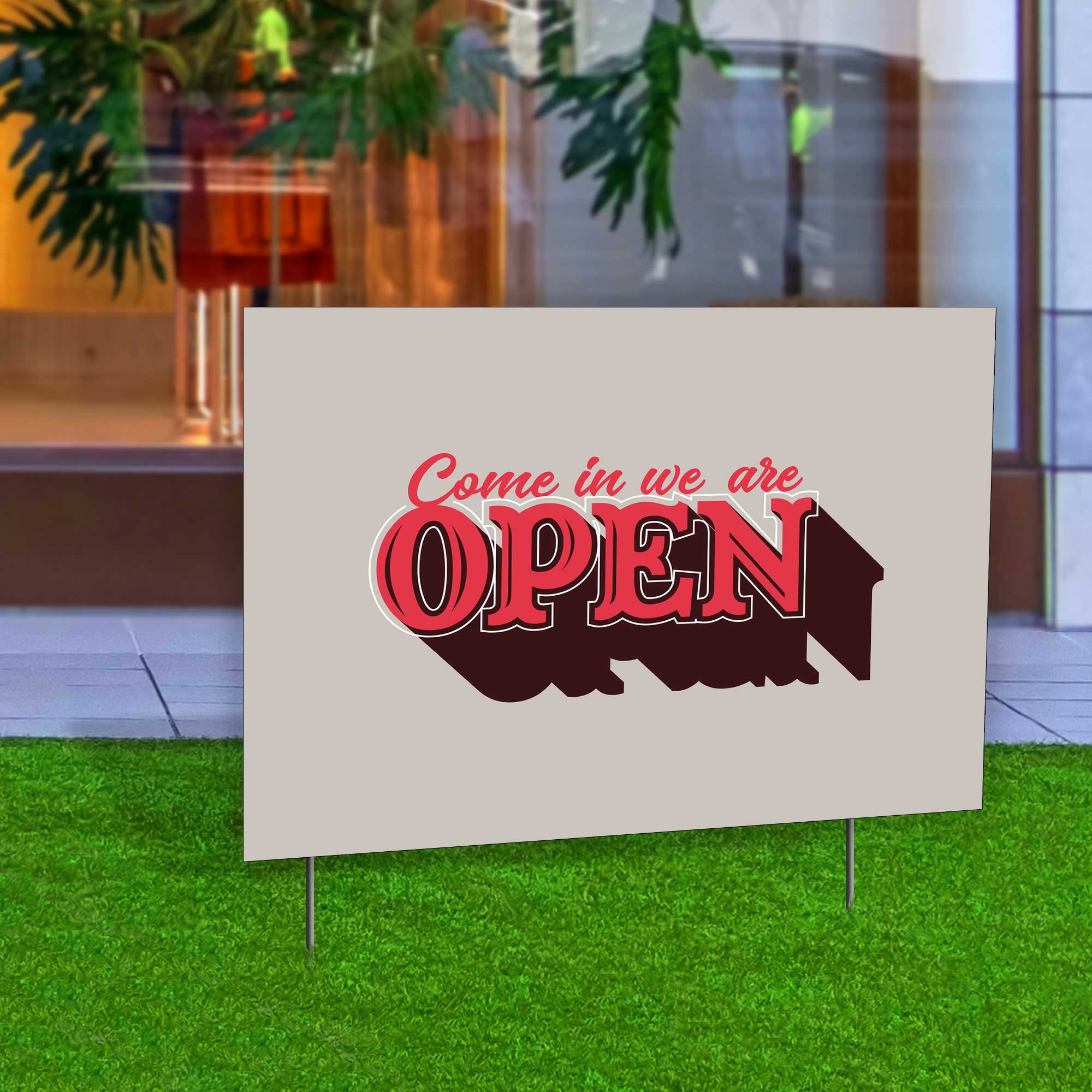 "Come In We Are Open" Double-sided Yard Sign, 23x17-in | Plum Grove