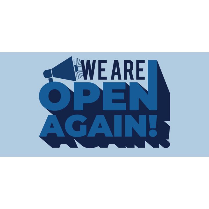 "We Are Open Again!" Blue Banner | Plum Grove