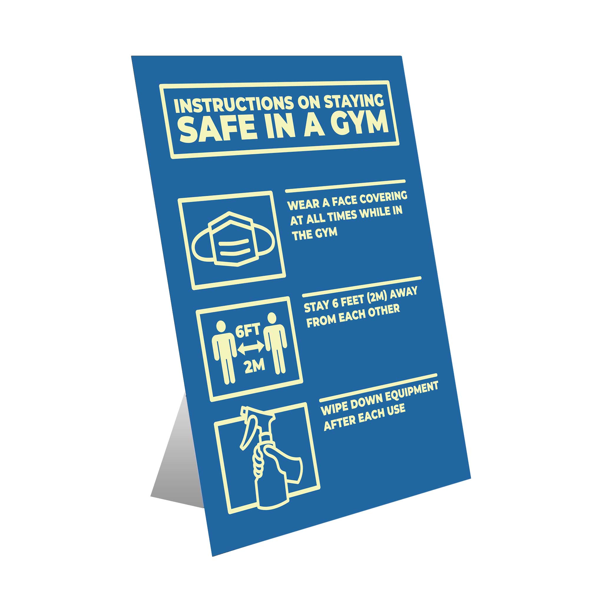 Blue "Instructions On Staying Safe At The Gym" Table Top Sign | Plum Grove