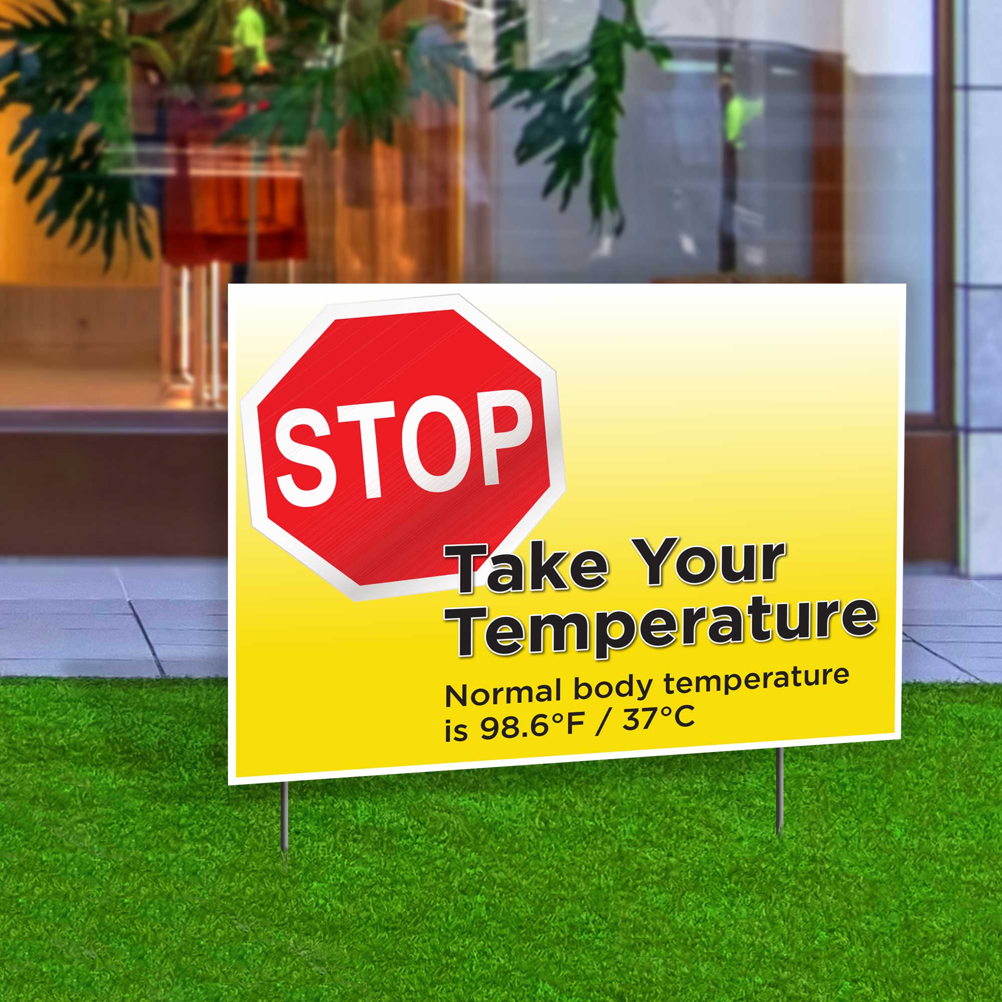 "Stop - Take Your Temperature" Yellow Double-sided Yard Sign, 23x17-in ...