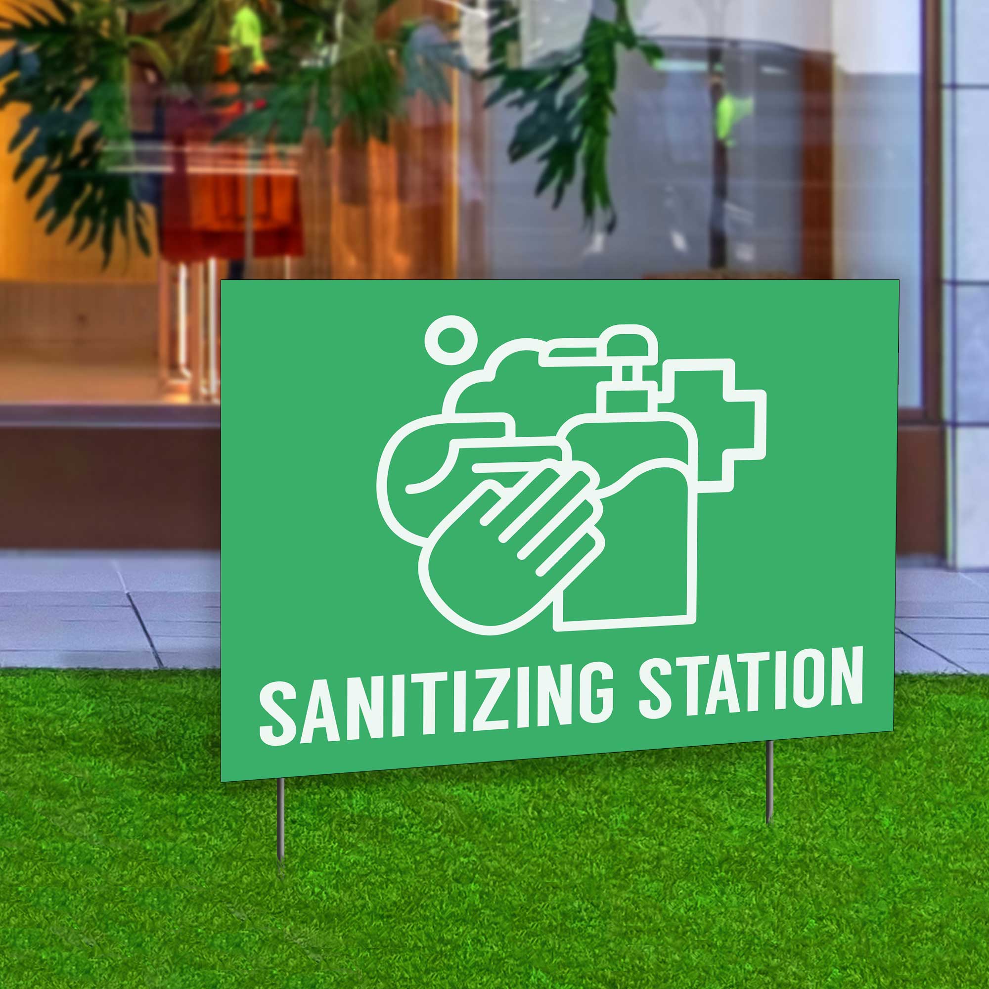 "Sanitizing Station" Double-sided Yard Sign, 23x17-in | Plum Grove