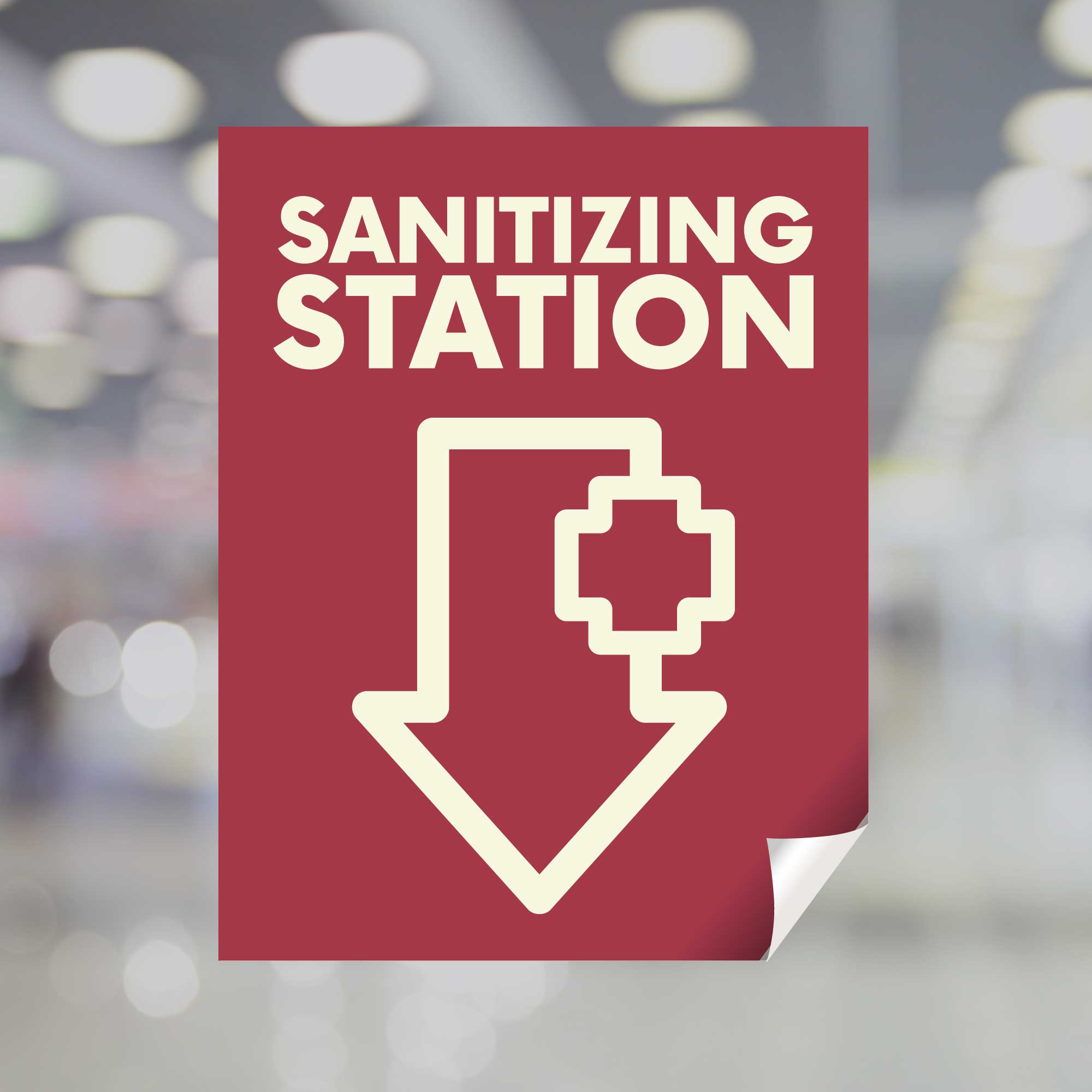 Red "Sanitizing Station" with Down Arrow Window Decal | Plum Grove