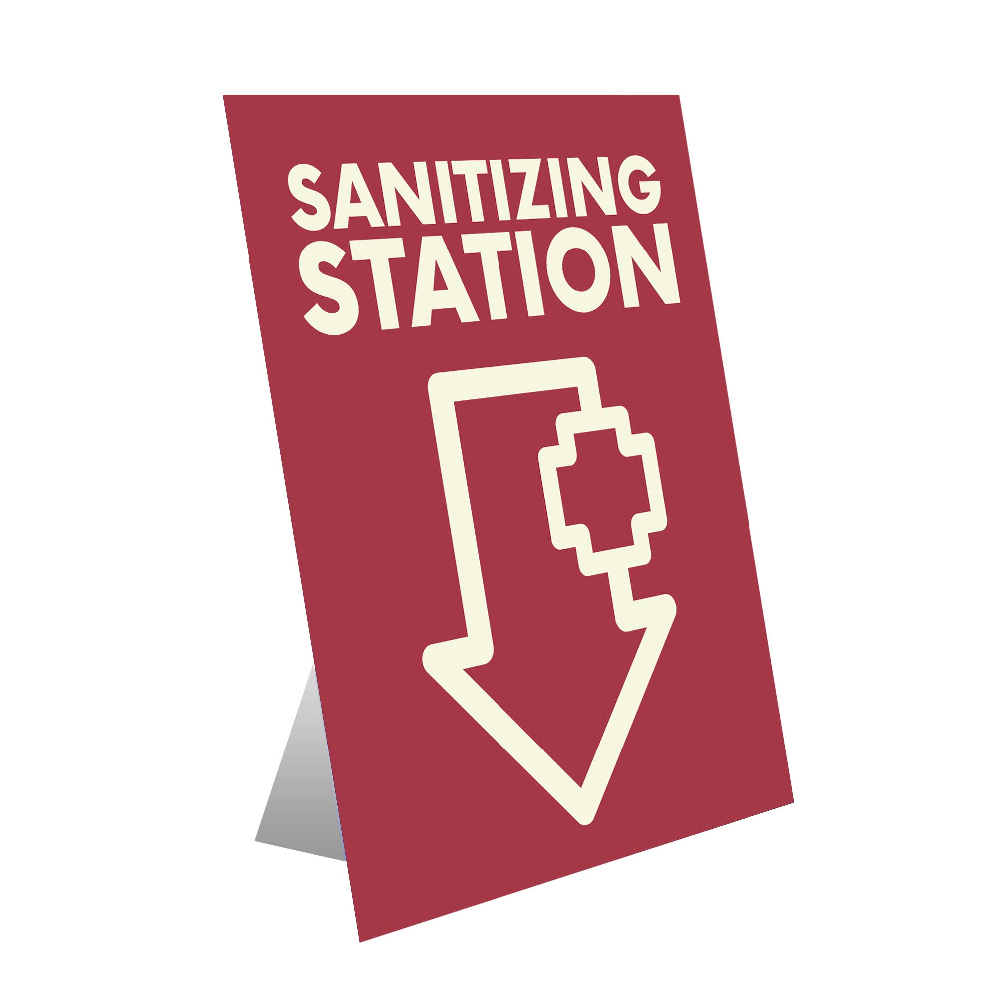 Red "Sanitizing Station" with a Down Arrow Table Top Sign | Plum Grove