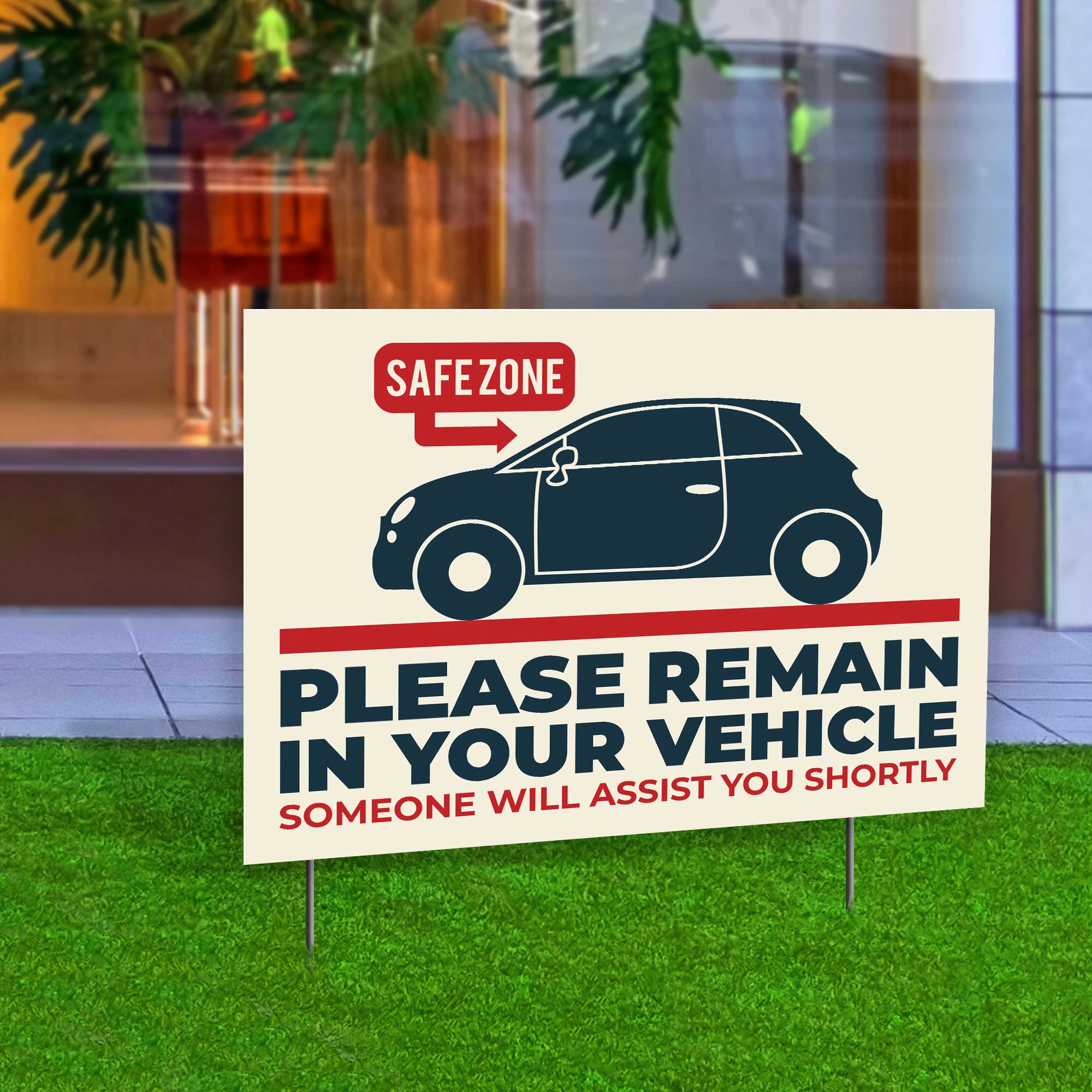 "Please Remain In Your Vehicle" Double-sided Yard Sign, 23x17-in | Plum ...