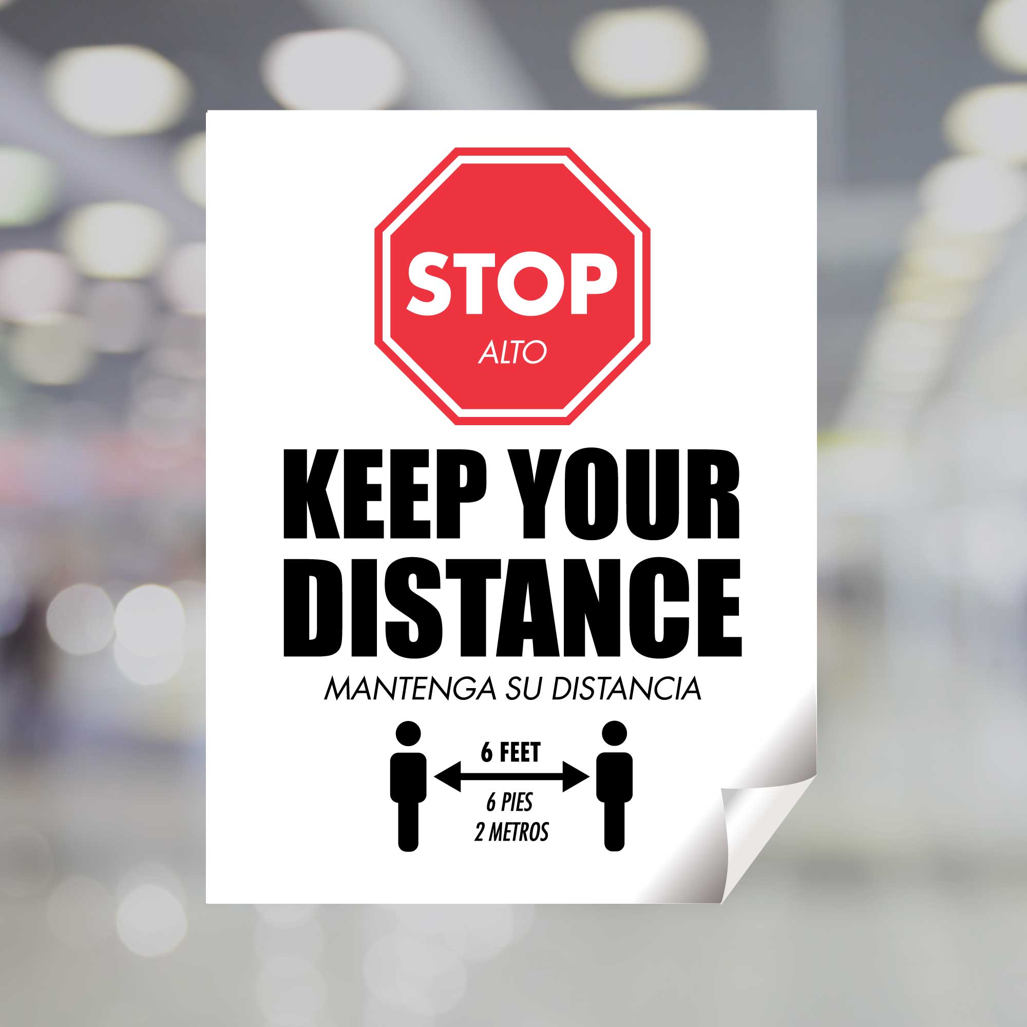 “Stop - Keep Your Distance” (English/Spanish) Window Decal | Plum Grove