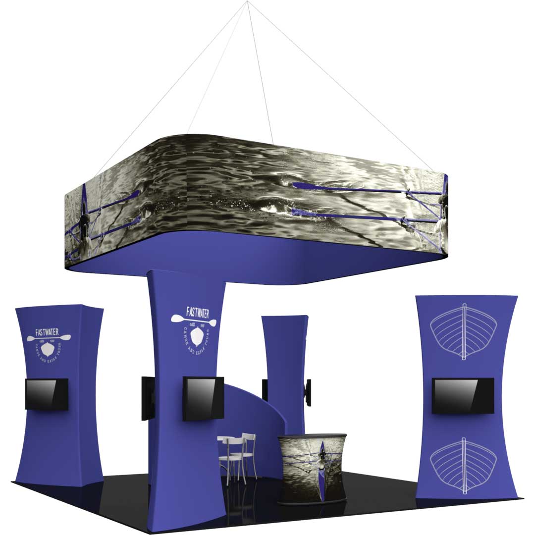 20x20 Island Booth with 10-ft Monitor Kiosk Towers, Meeting Area ...