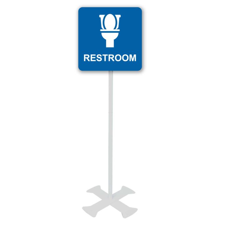 Blue Restroom Sign with Toilet, 4-ft Floor-Standing Steel Stand | Plum ...