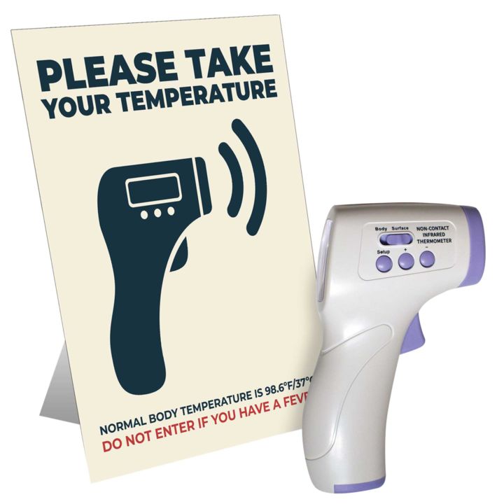 Fever Screening Station with Forehead Thermometer & Signs | Plum Grove